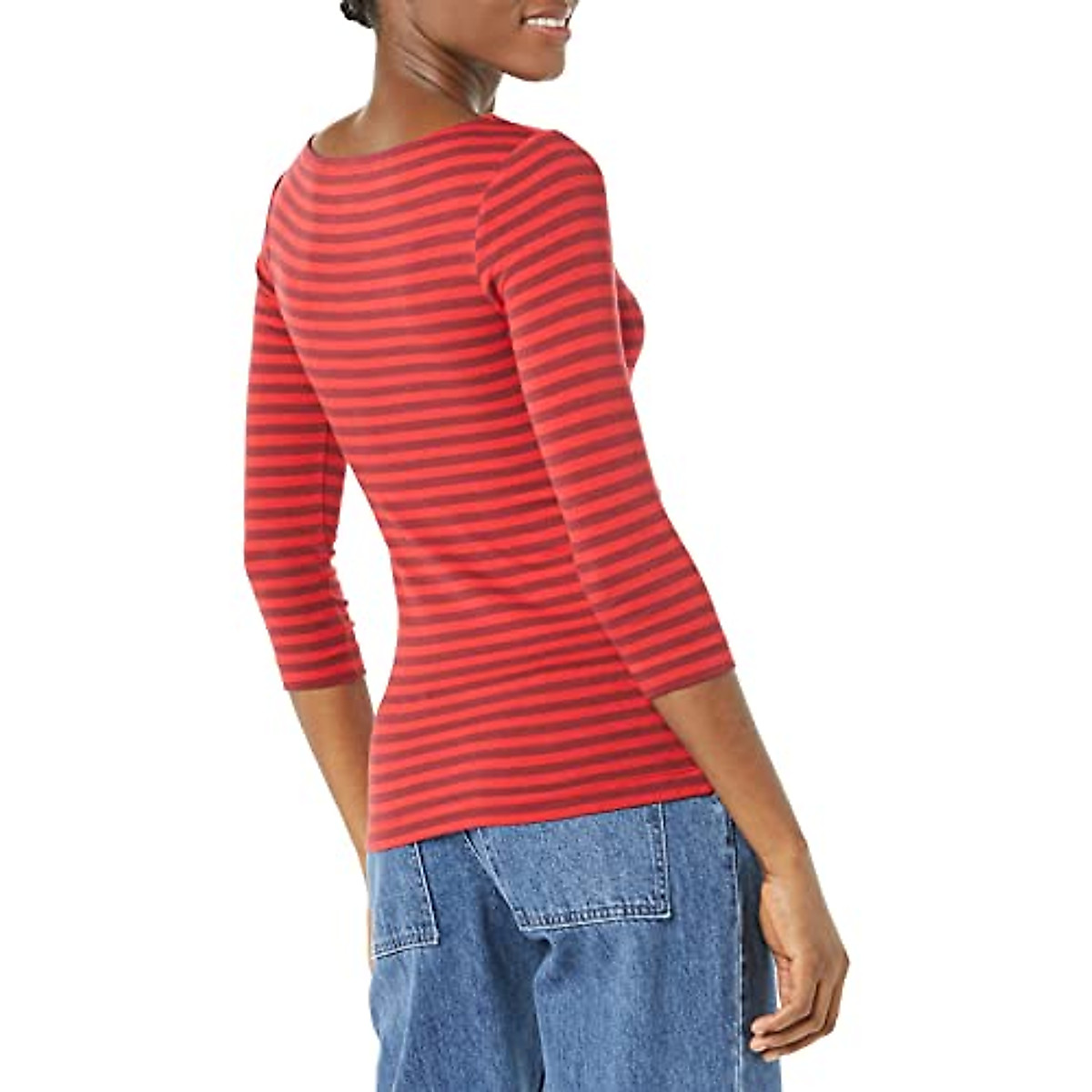 Amazon Essentials Women's Slim-Fit 3/4 Sleeve Boat Neck T-Shirt, Red Burgundy Stripe, Medium