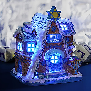 Fovths Hanukkah House Resin Tabletop Decor White and Blue Hanukkah LED Tabletop Decor Hanukkah House Centerpieces for Hanukkah Party Supplies Home Decor