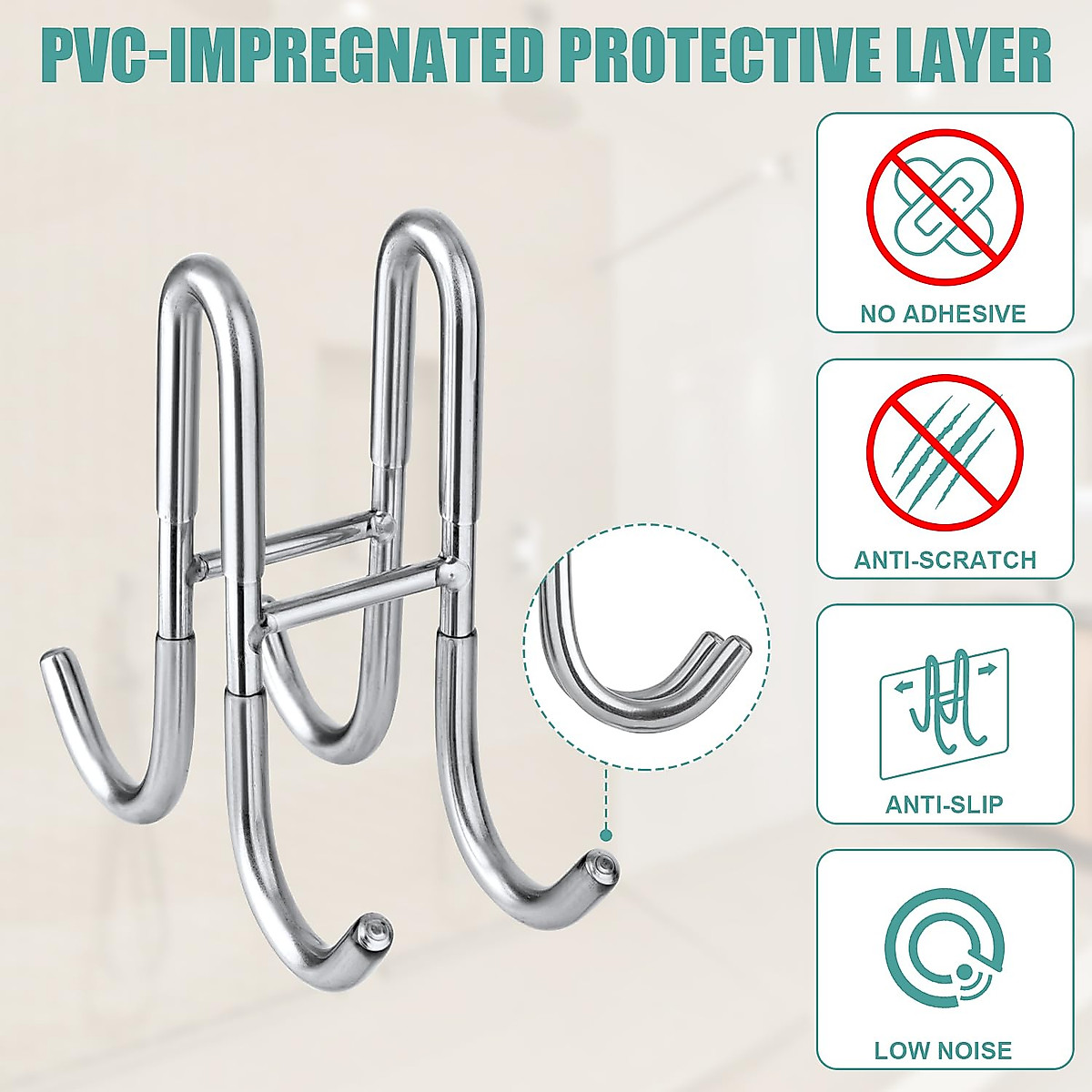 PEUTIER 2pcs Shower Glass Door Hooks, 304 Stainless Steel Over Shower Door Hooks Double Sided Usable Shower Towel Hooks Drilling-Free Towels Hanger for Bathroom (Silver)