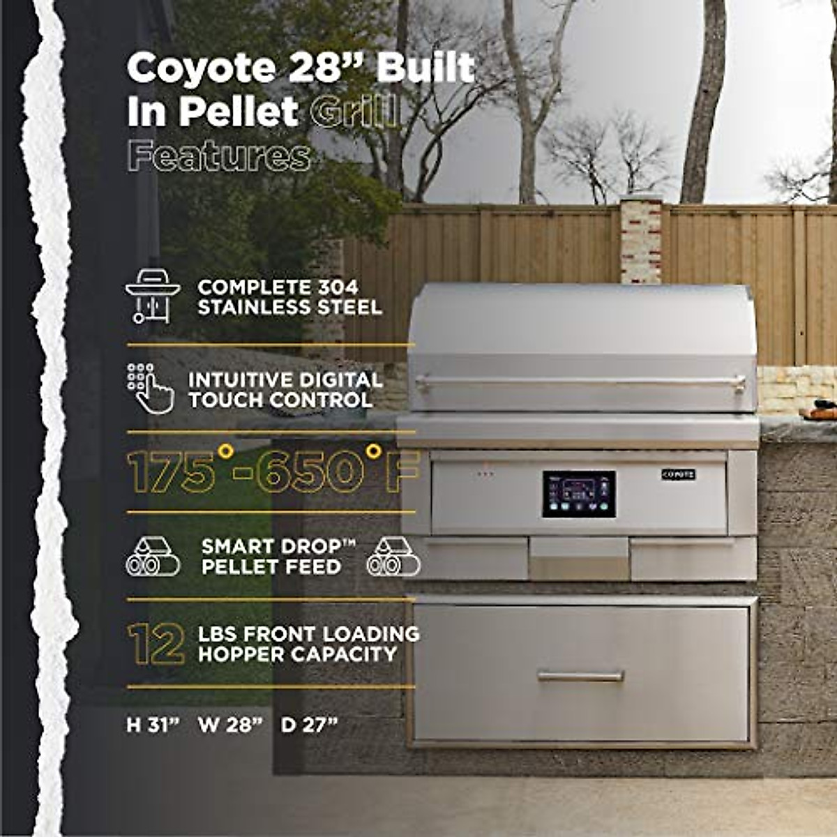 Coyote 28 Inch Built In Pellet Grill, Stainless Steel, Intuitive Digital Touch Control - C1P28