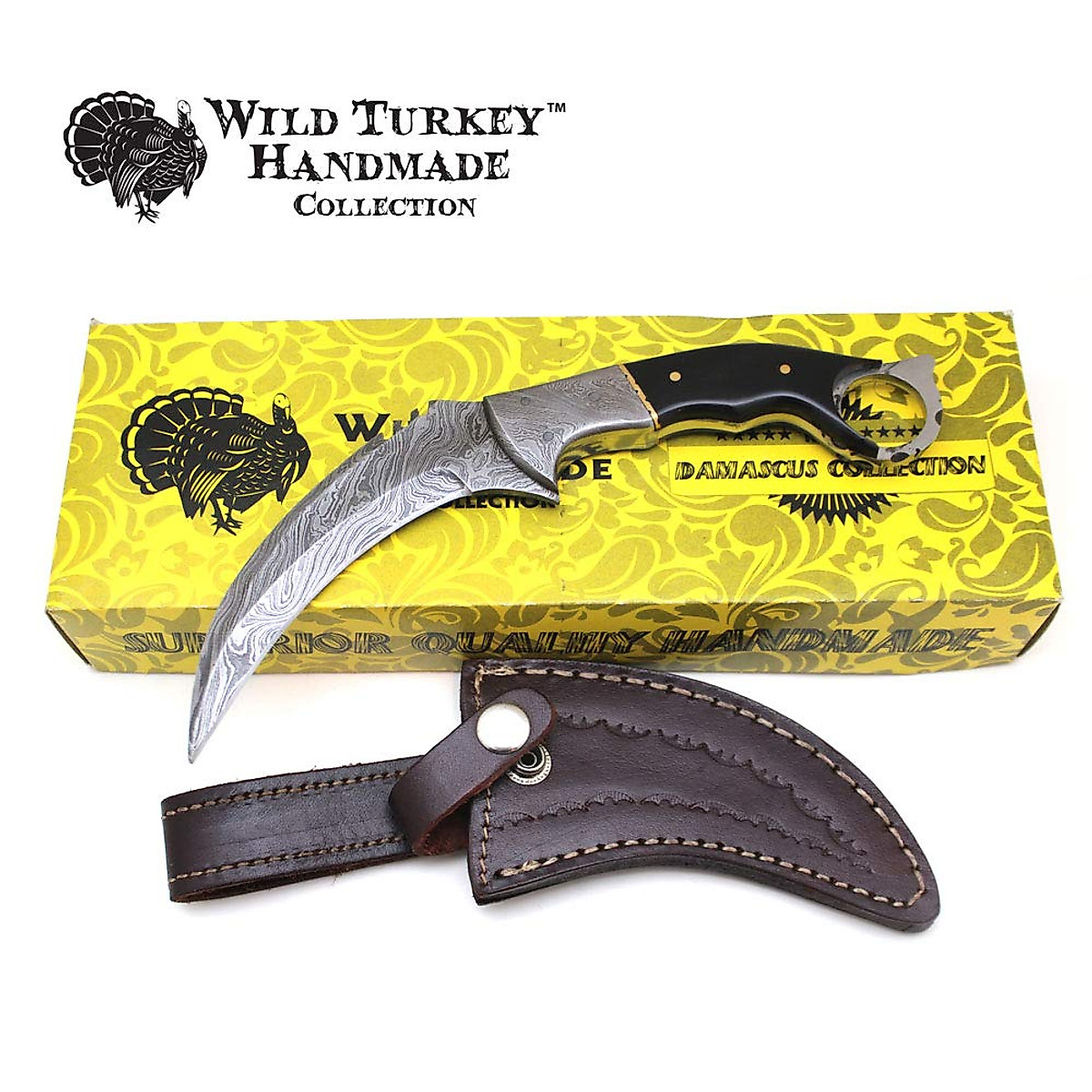 Wild Turkey Handmade Custom Damascus Fixed Blade Hunting knfie Horn Handle