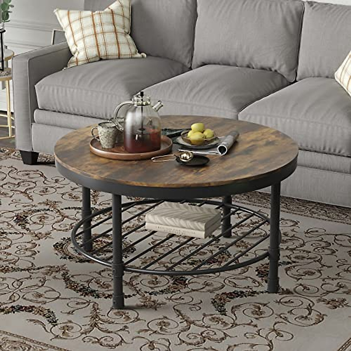 CADMIC 31.5" Round Industrial Coffee Table for Living Room