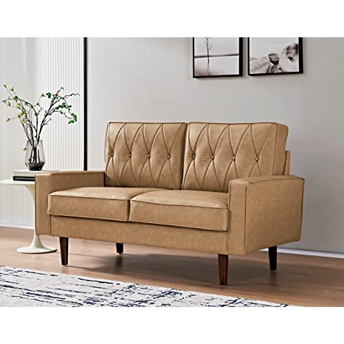 US Pride Furniture Modern Style Faux Leather 57.5’’ Wide with Round Tapered Legs Living Room Loveseat Sofas, Camel