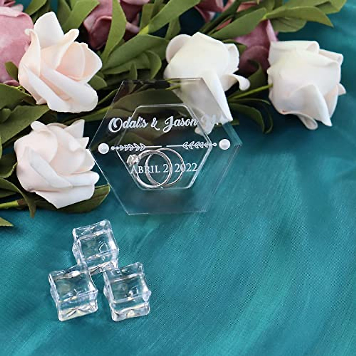 JFLL Personalized Clear Hexagon Wedding Ring Box，Engraved Romantic Wedding Jewelry Bearer Box, Engagement Proposal Ring Storage Gift, Modern Ring Dish，Custom Names & Date, Transparent