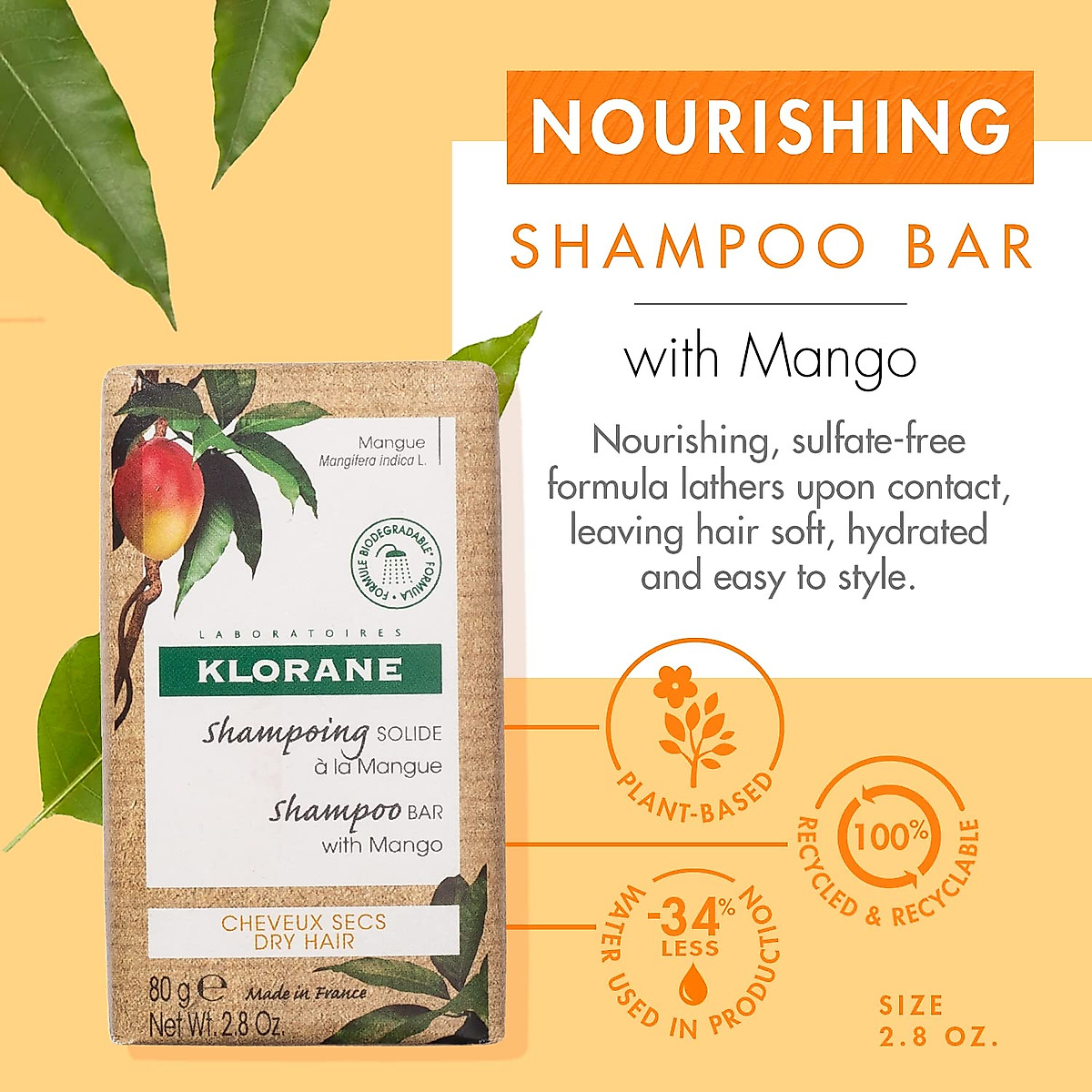 Klorane Nourishing Shampoo Bar with Mango , 2.8 Oz (Pack of 1)