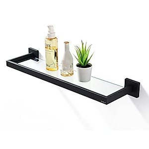 BUVELOT Bathroom Shelf,22.32 Inch Large Glass Shelf, 8mm Extra Thick Tempered Clear Glass Shelves Modern Rectangular,Matte Black,071090-MB