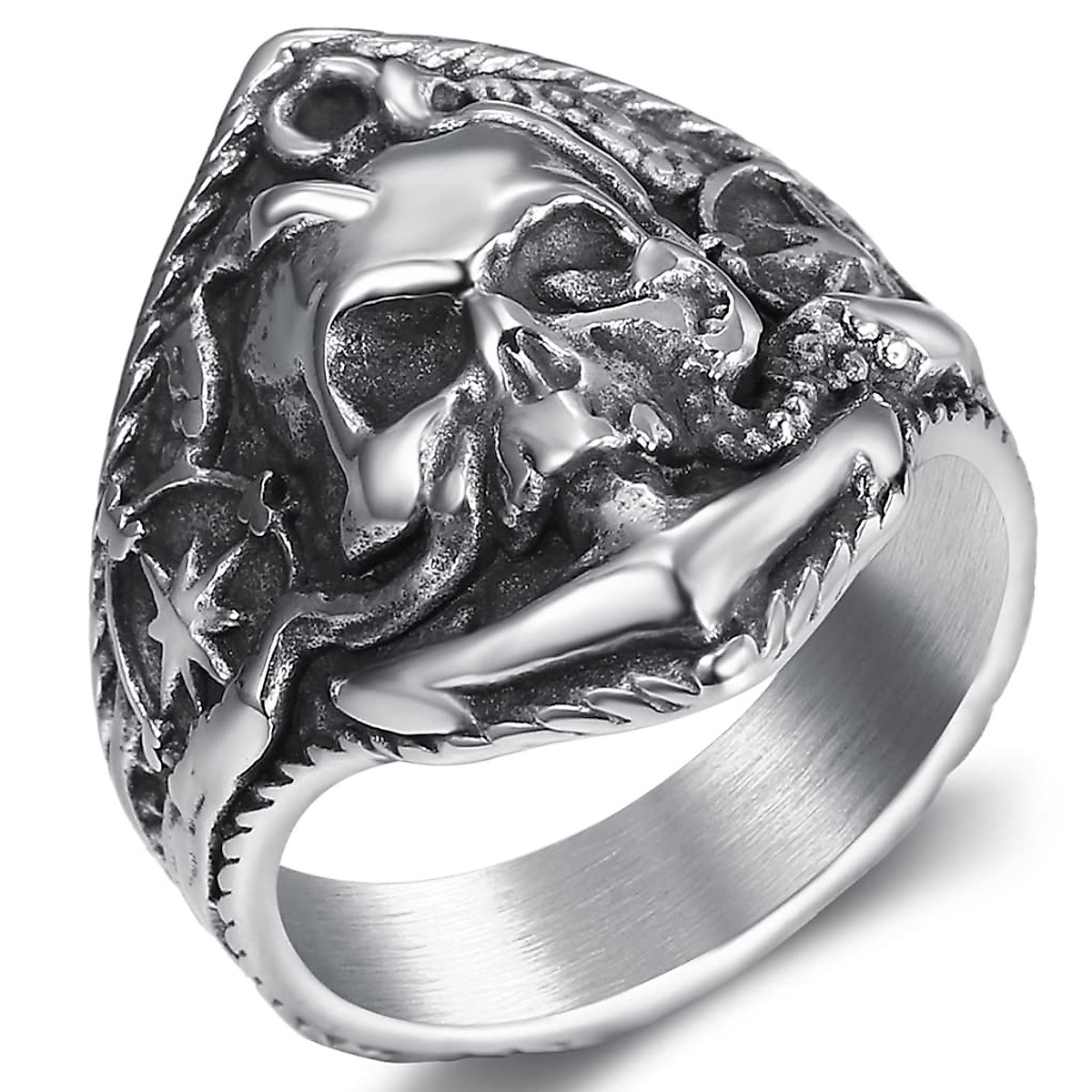 Jude Jewelers Stainless Steel Antique Vintage Gothic Skull Pirate Sailor Biker Halloween Party School Ring (Silver, 10)