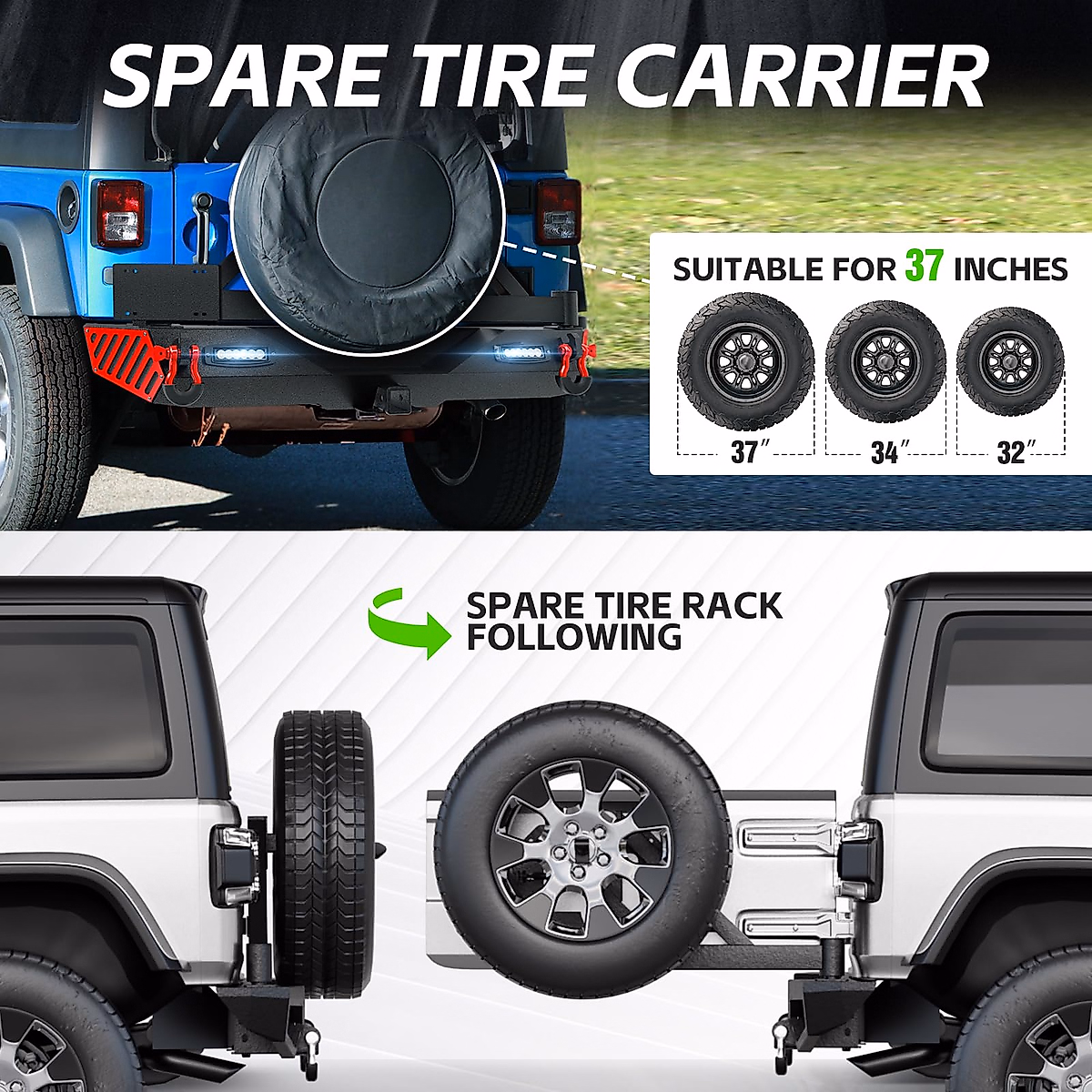 EYOUHZ Front & Rear Bumper with Spare Tire Carrier Compatible with 2007-2018 Jeep Wrangler JK JKU Unlimited w/Winch Plate, Paintable Armor, License Plate Bracket, Hitch Receiver, LED Lights & D-rings