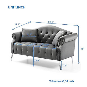 Velvet Chesterfield Sofa,Twin Size Upholstered Couch,Button Tufted Nailhead Trimming Curved Backrest Rolled Arms with Silver Metal Legs Living Room Set,2 Pillows Included (Grey, 59.4 * 29.1 * 35")