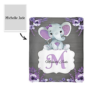 Yeshop Personalized Throw Blanket, Monogram Purple Floral Elephant Custom Blankets 50x60 Inches for Couch Bed, Fleece Blanket with Your Name Birthday for Boy Girl Teen