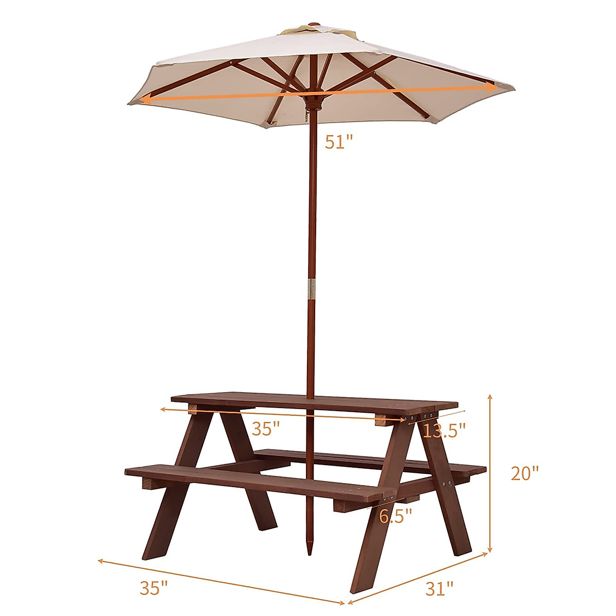 BETTARY Kids Picnic Table, Wooden Toddler Activity Table with Removable Umbrella, Children Backyard Furniture for Patio, Garden, Gift for Girls & Boys, Kids Table and Bench Set for Outdoors Indoors