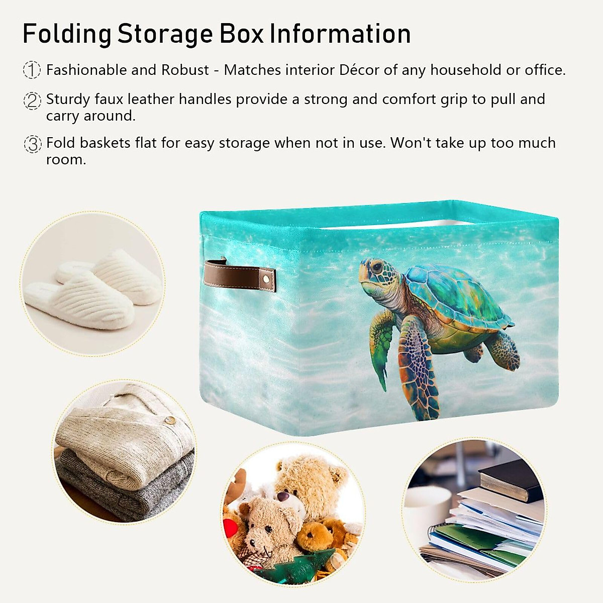 Sea Turtle Teal Large Storage Basket Cube Storage Bin Canvas Fabric Organizer Handles Collapsible Decorative for Clothes Toys Bedroom