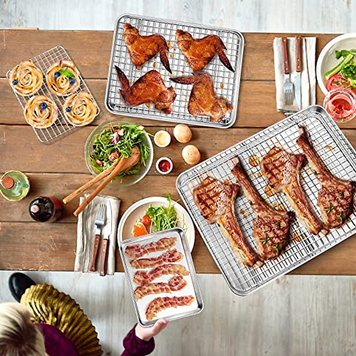 P&P CHEF Baking Sheet and Rack Set, 6 PACK (3 Sheets + 3 Racks), 3 Sizes Stainless Steel Baking Pans Cookie Sheets with Cooling Racks for Cooking & Roasting, Oven & Dishwasher Safe, Healthy & Durable