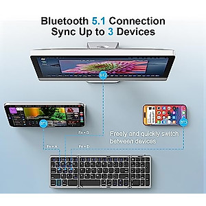 MoKo Foldable Bluetooth Keyboard, Multi-Device Folding Wireless Keyboard with Number Pad, Portable Keyboard for Laptop Tablet Phone, USB-C Rechargeable Travel Keyboard for Windows iOS Android, Gray