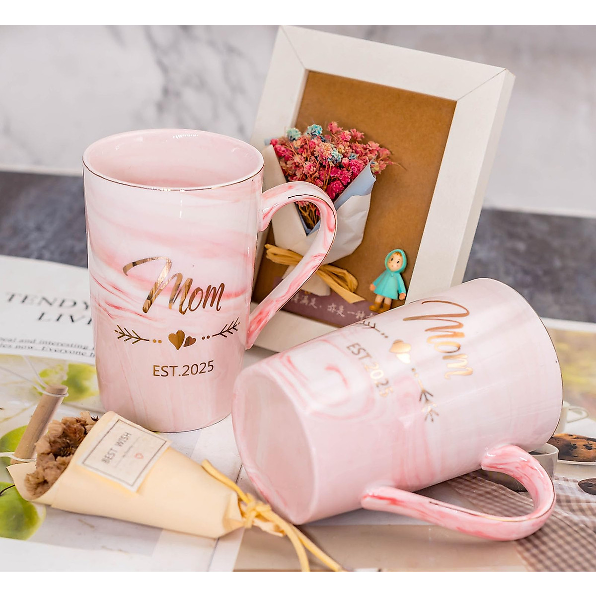 Mugpie Dad and Mom Couple Mugs - New Parents Gifts First Time Pregnancy Gifts EST 2025 Dad and Mom Coffee Mug Set- Elegant Gifts for Baby Shower Mother's Day Father's Day - 12.5oz Ceramic Coffee Cup