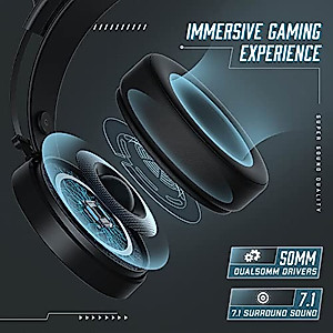 Gaming Headset for PC, Xbox One Headset with Detachable Cat Ear Headphones, PS5 Headset with Noise Canceling Microphone, PS4 Headset with 7.1 Surround Sound, LED Lights Black