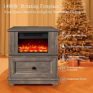 REDAYFUR Rotating End Table with 13" Electric Fireplace Screens, Side Table with Fast Charging Station, 1400W Fireplace End Table with Storage, Wooden Side Table for Living Room, Bedroom, Office