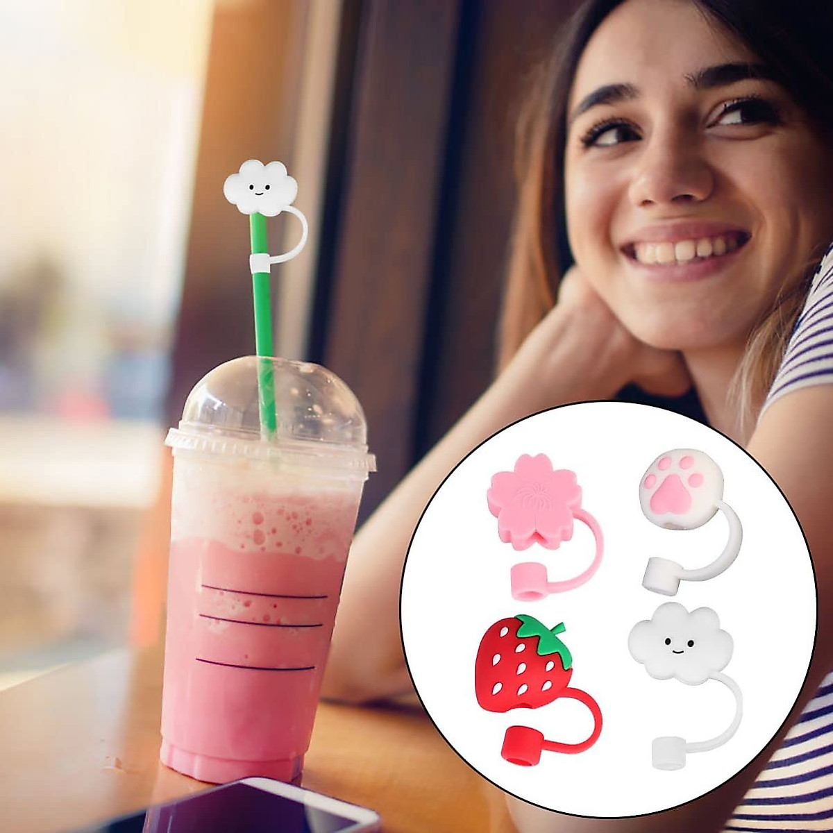 SEWACC 4 Pcs Straw Covers Silicone Straw Caps Reusable Drinking Straw Tips Lids Straw Toppers for Home Office