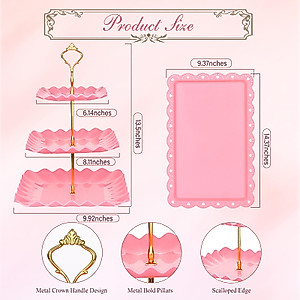 DI QIU REN 8 Pcs Dessert Table Display Set Plastic Square Pink Cupcake Stand 2Pcs 3 Tier Cupcake Stands with Gold Rod Cookie Tray Rack Serving Tower 6Pcs Dessert Trays for Tea Party Baby Shower