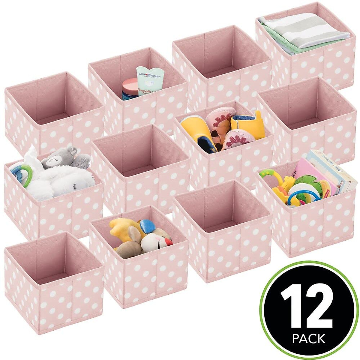 mDesign Soft Fabric Polka Dot Dresser Drawer and Closet Storage Organizer, Bin for Child/Kids Room, Nursery, Playroom, Bedroom, 12 Pack - Pink/White