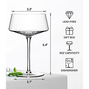 Coupe Glasses Set of 4, Martini Glasses Hand-Blown Premium Crystal Cocktail Glass for Manhattan, Margarita, Espresso Martini, Home Bar, Dinner Party, Birthdays, Housewarming Gift, 8oz Clear