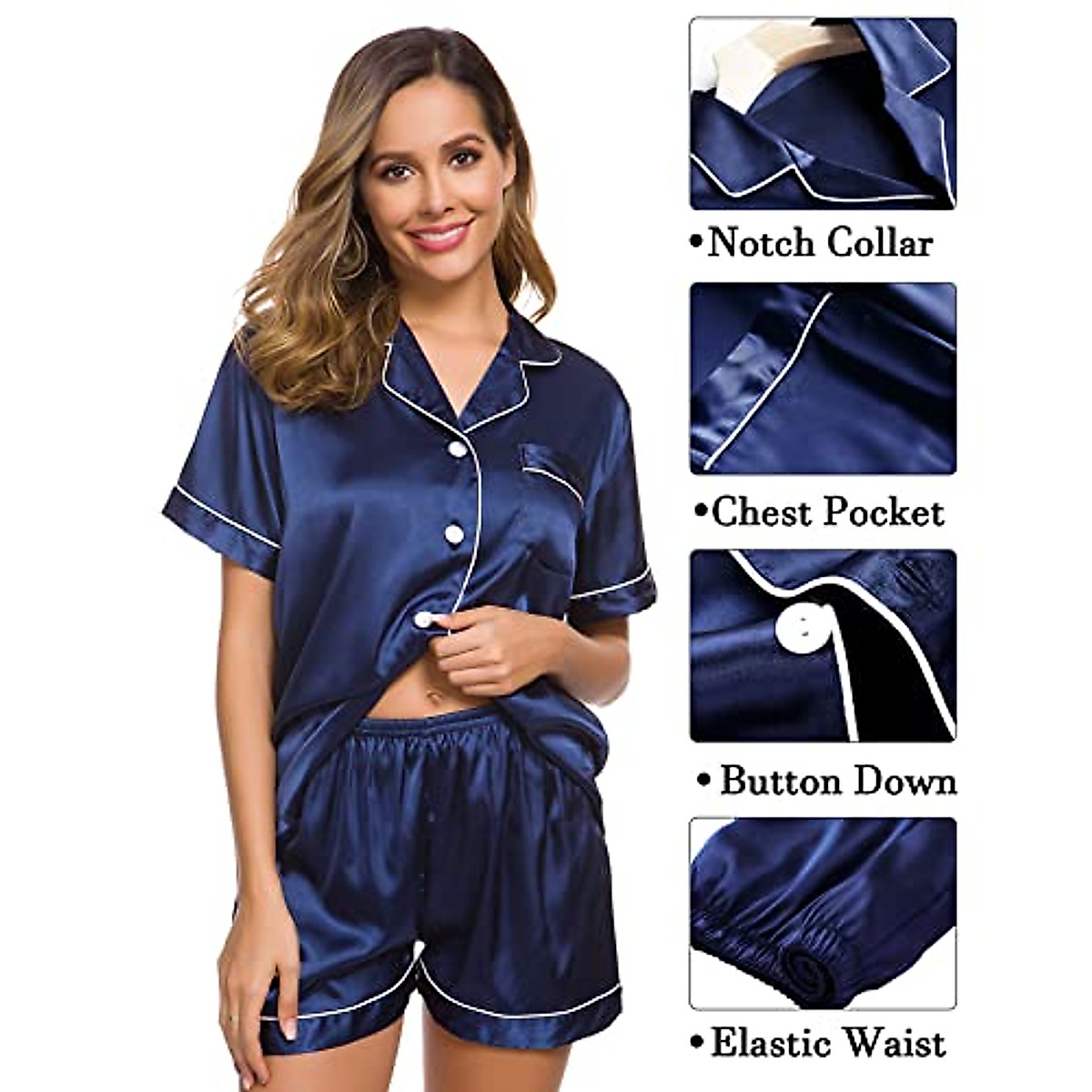 SWOMOG Women's 3 Pcs Pajamas Sets Silk Satin Sleepwear Button Down Loungewear Short Sleeve Shirt Pjs Navy Blue
