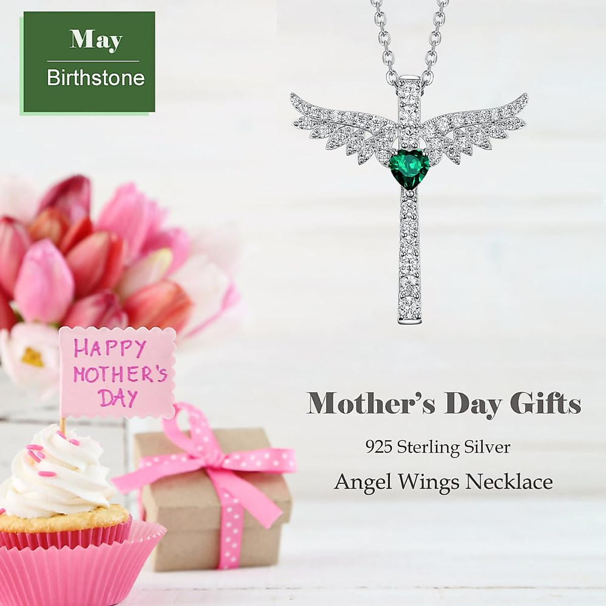 Re Besta Birthday Gifts for Wife Women May Birthstone Emerald Necklace Wife Mom Angel Wings Sterling Silver Love Heart Jewelry for Her