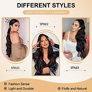 FREEMEIGE Drawstring Ponytail Extension Long Body Wavy Black Ponytail Extension for Women Synthetic Hair Ponytail Extension Clip in 26 Inch Ponytail Hairpiece for Daily Use (26Inch Natural Black)
