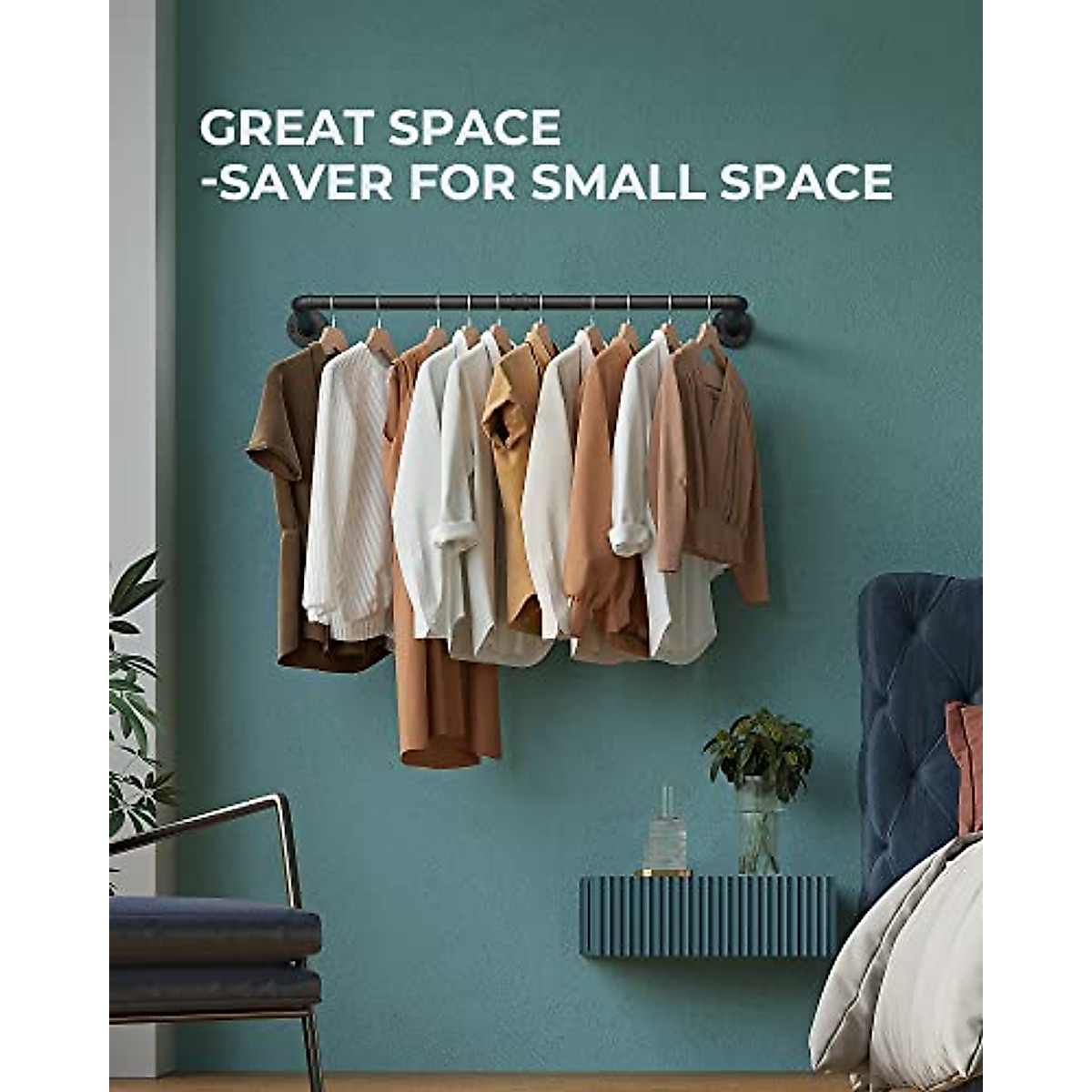 OROPY Industrial Pipe Clothing Rack 38.4", Heavy Duty Detachable Wall Mounted Clothes Rack Black Iron Garment Bar, Multi-purpose Hanging Rod for Closet Storage, Black (Two Base)