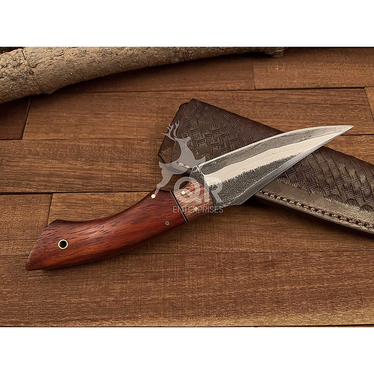 Classic Blades San Mai Damascus Steel Handmade Hunting knife, Bushcraft knife, Fixed blade knife, Outdoor Full Tang Forged knife, Camping knife Wooden Handle With Leather Sheath