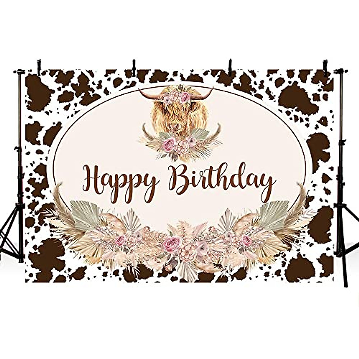 AIBIIN 7x5ft Highland Cows Birthday Backdrop for Boys Girls Cattle Birthday Photography Background Boho Floral Highland Farm Cow Party Decorations Banner Photo Studio Props
