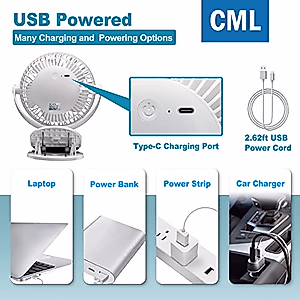 CML USB Desk Clip-On Fan, 5 Inch Mini Portable Cooling Table Fan with Sturdy Clamp, Quiet Personal Small Fan with 4 Speeds Brushless Motor, for Home, Office, Desktop, Camping, Travel, Car, White