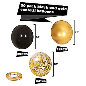Kalyerparty Black and Gold Balloons-50pcs 12 inch Gold Confetti Balloons - Black Latex Balloons for Birthday Wedding Baby Shower Celebration Graduation Party Balloons