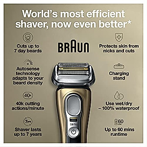 Braun Electric Razor for Men, Waterproof Foil Shaver, Series 9 Pro 9419s, Wet & Dry Shave, with ProLift Beard Trimmer for Grooming, Charging Stand Included, Gold