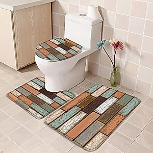 3 Piece Bath Rugs Sets Retro Wood Grain Non Slip Bathroom Carpet Multicolor Old Board Absorbent U-Shaped Toilet Mat, Toilet Lid Cover