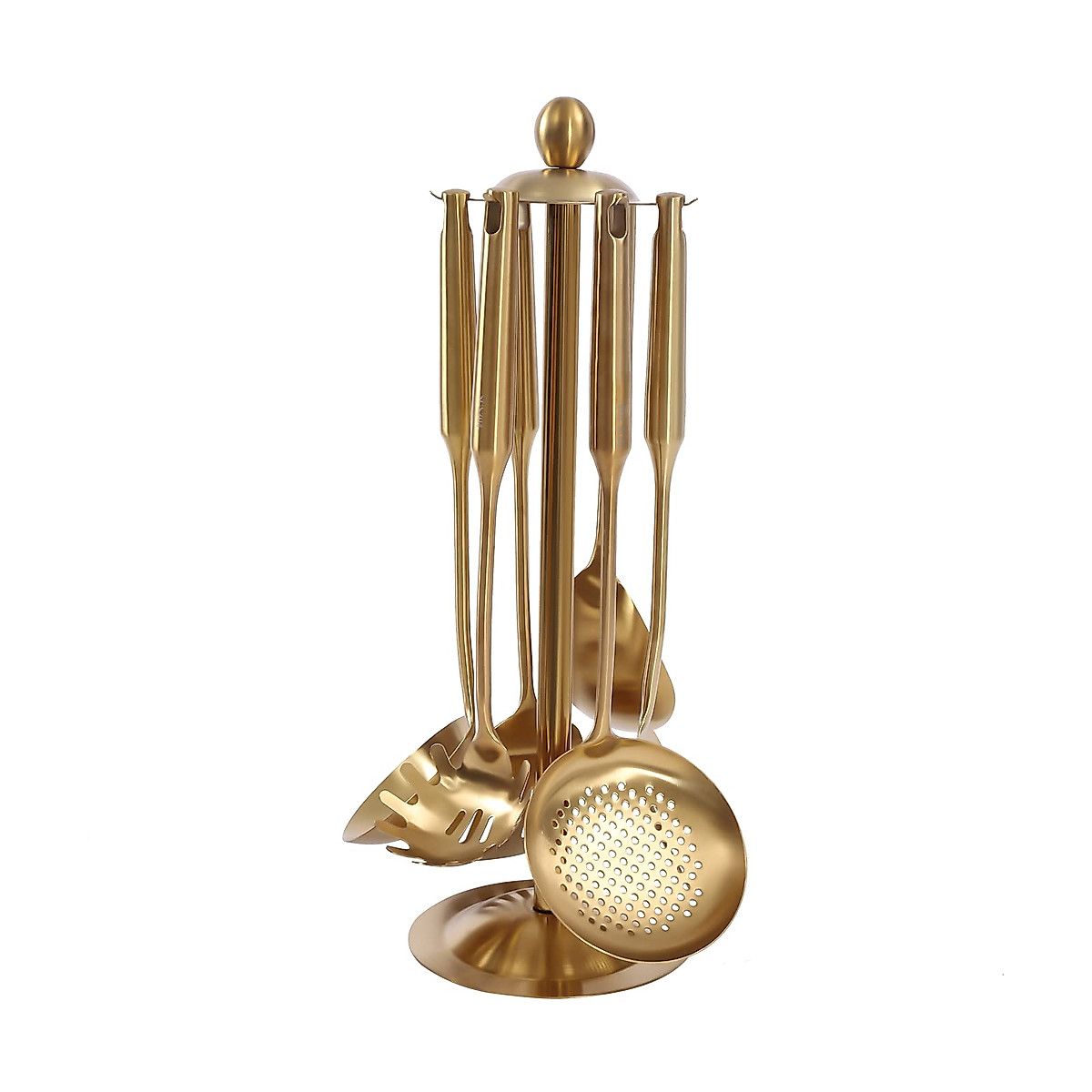 Gold Cooking Utensils Set with Holder, 7 PCS 304 Stainless Steel Cooking Kitchen Utensil Set with Rotating Holder, Spatula, Slotted Turner, Ladle, Skimmer, Pasta Server, Large Rice Spoon