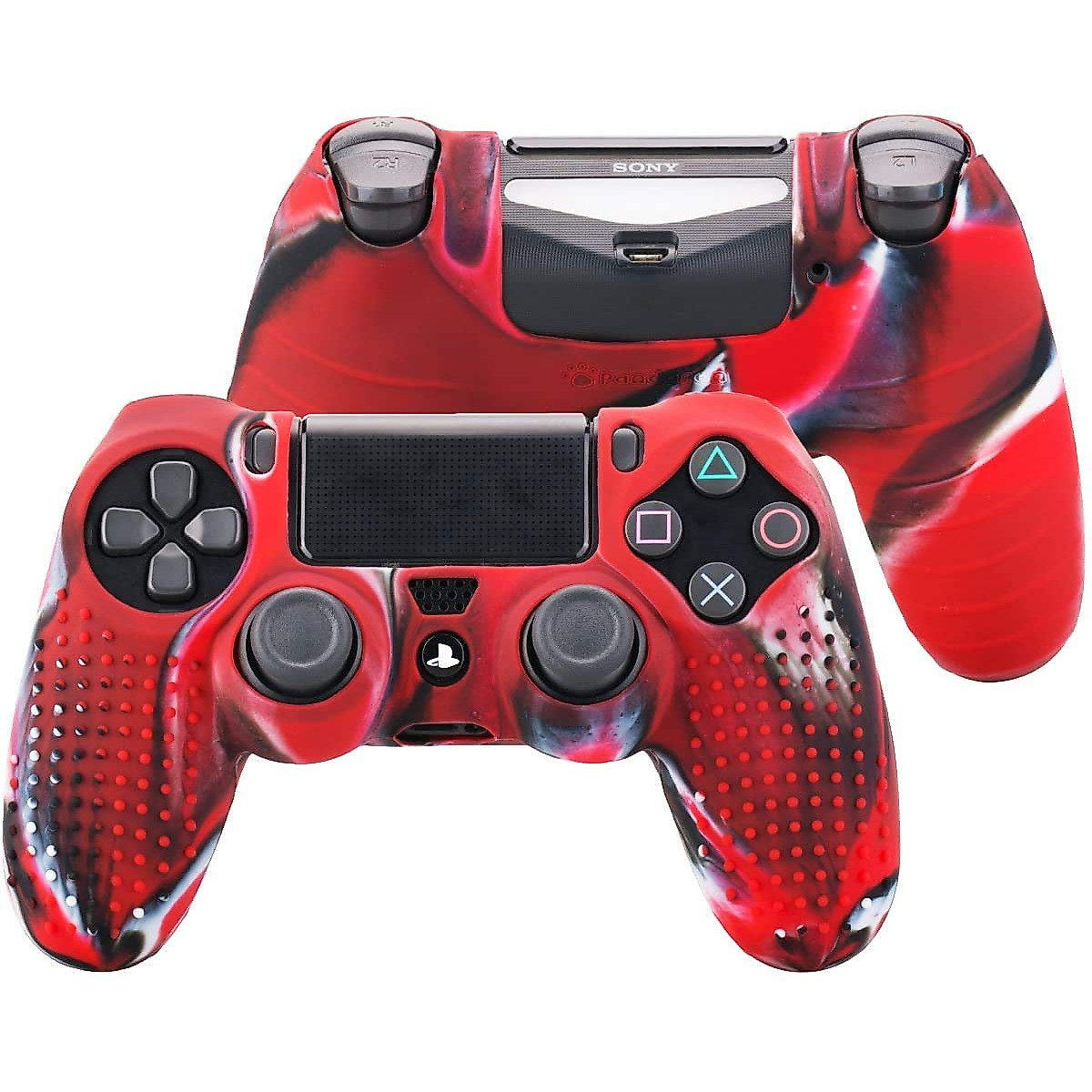 YoRHa Studded Silicone Cover Skin Case for Sony PS4/slim/Pro Dualshock 4 Controller x 1(Camouflage red) with Pro Thumb Grips x 8