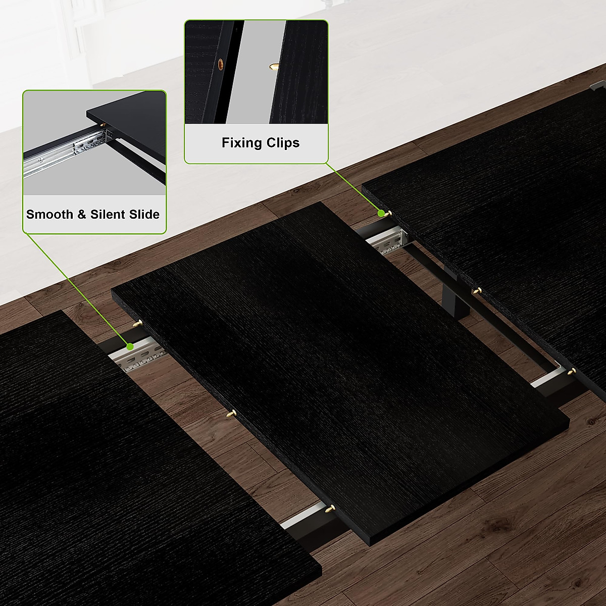 Feonase 5-Piece Dining Table Set for 4-8 People, 63" Large Extendable Kitchen Table Set with 2 Benches and 2 Square Stools, Dining Room Table with MDF Wood Board, Easy Assembly, Black