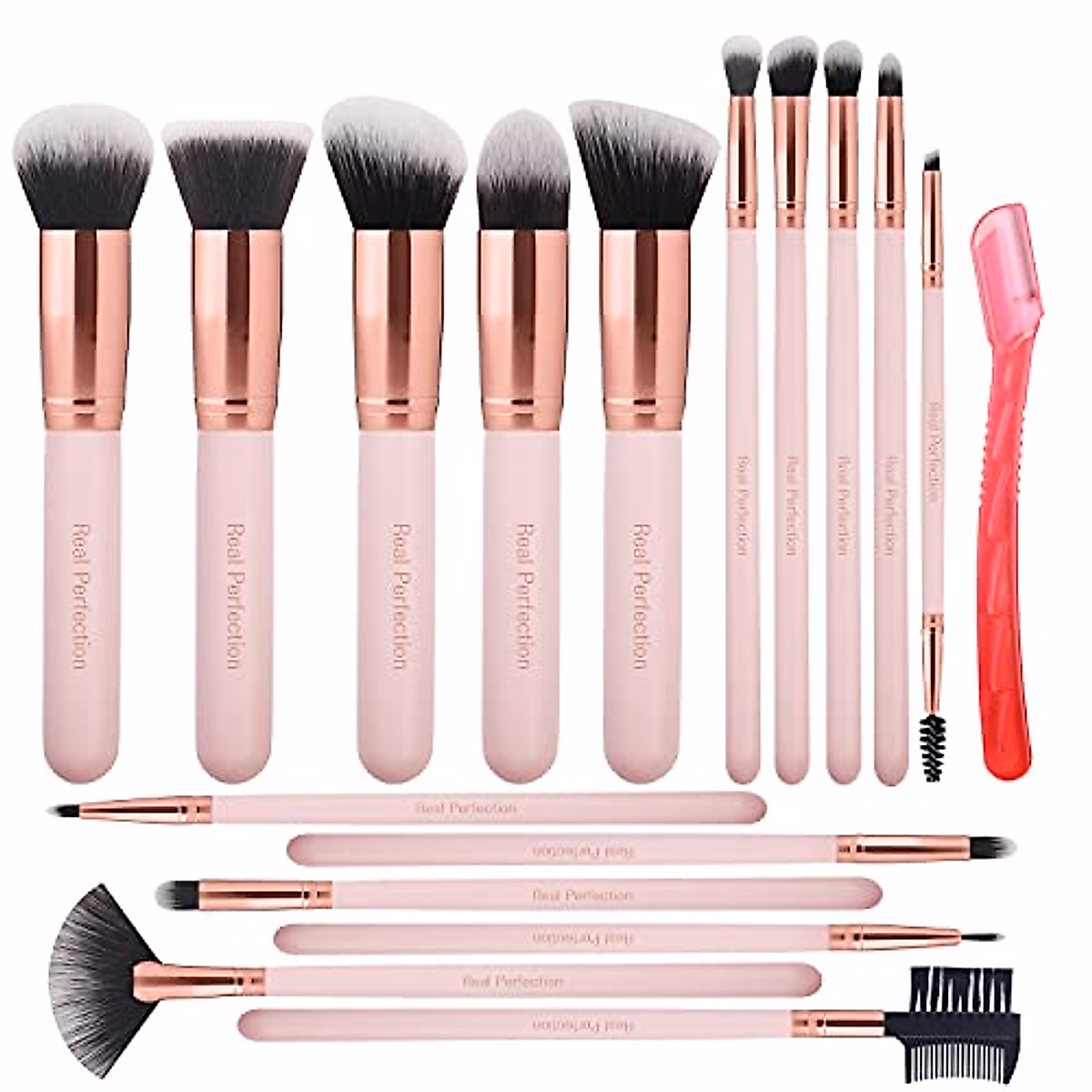 Real Perfection Makeup Brushes 16pcs Makeup Brushes Set with 1 Eyebrow Razor Premium Synthetic Foundation Brushes Blending Face Powder Eye Shadow Concealer Make Up Brushes Tool Kit