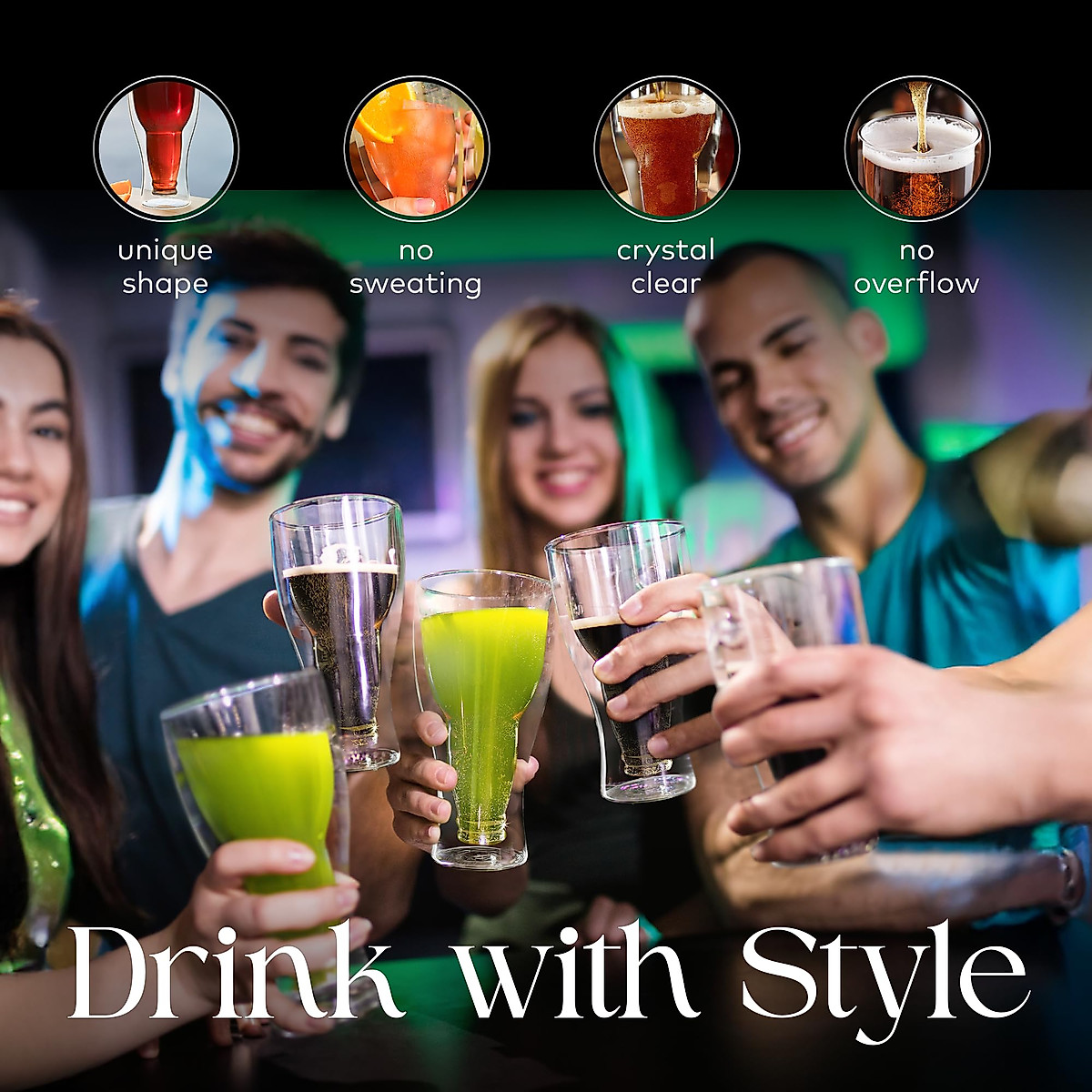 Dragon Glassware Beer Glasses - 13.5 oz Clear Double Wall Insulated Beer Glass Set of 2 - Upside Down Design - Holds One Full Bottle - Freezer Safe