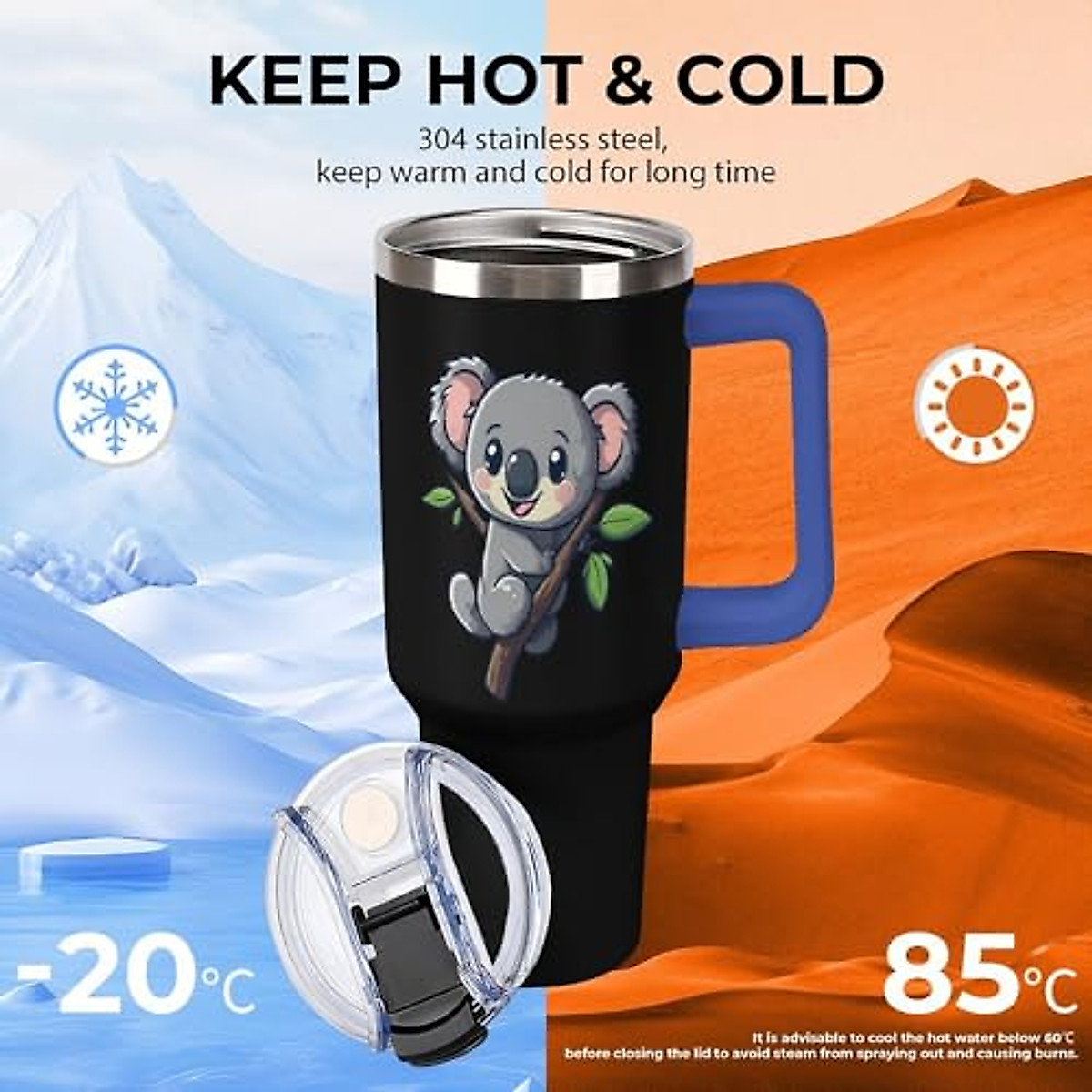 Cartoon Koala 40oz Water Bottle Double Wall Insulated Tumbler with Handle Leakproof Travel Mug Deep Blue-style