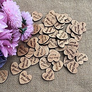 LANGUGU 100Pcs Wood Engraved Love Heart Confetti Decor Rustic Wedding Table Scatter Decoration Bridal shower, Events,Party Embellishments DIY Crafts (Best Day Ever)