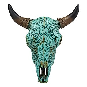 Ebros 10" Wide Western Southwest Steer Bison Buffalo Bull Cow Horned Skull Head Turquoise Floral Lace Design Wall Mount Decor Native Indian Sacred Animal Totem Bust Skulls