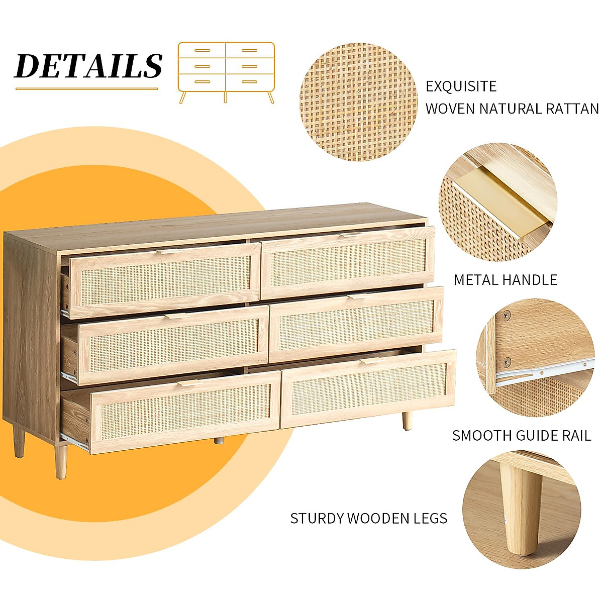6 Drawer Double Dresser for Bedroom,Natural Rattan Modern Drawer Chest,Wooden Storage Wardrobe Dresser with Gold Handles,Floor Standing Storage Cabinet, for Entrance,Living Room,Hallway-Natural