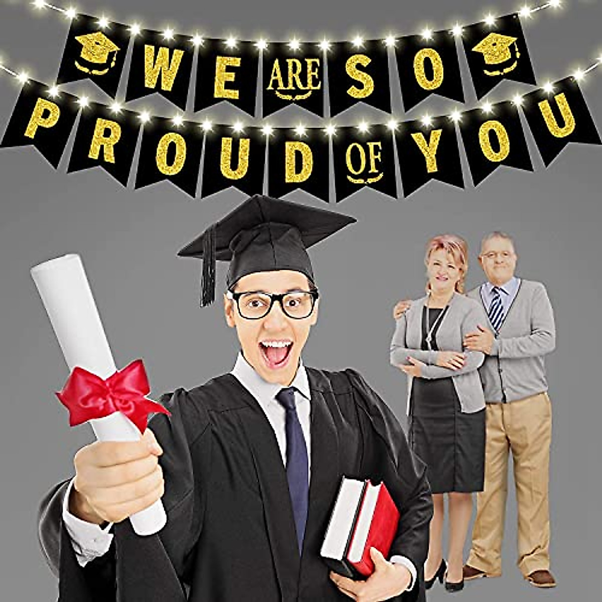 2023 Graduation Decoration, We are So Proud of You Banner with LED String Light 8 Modes, Lighting Hanging Garland Bunting Flags Sign or Grad Party
