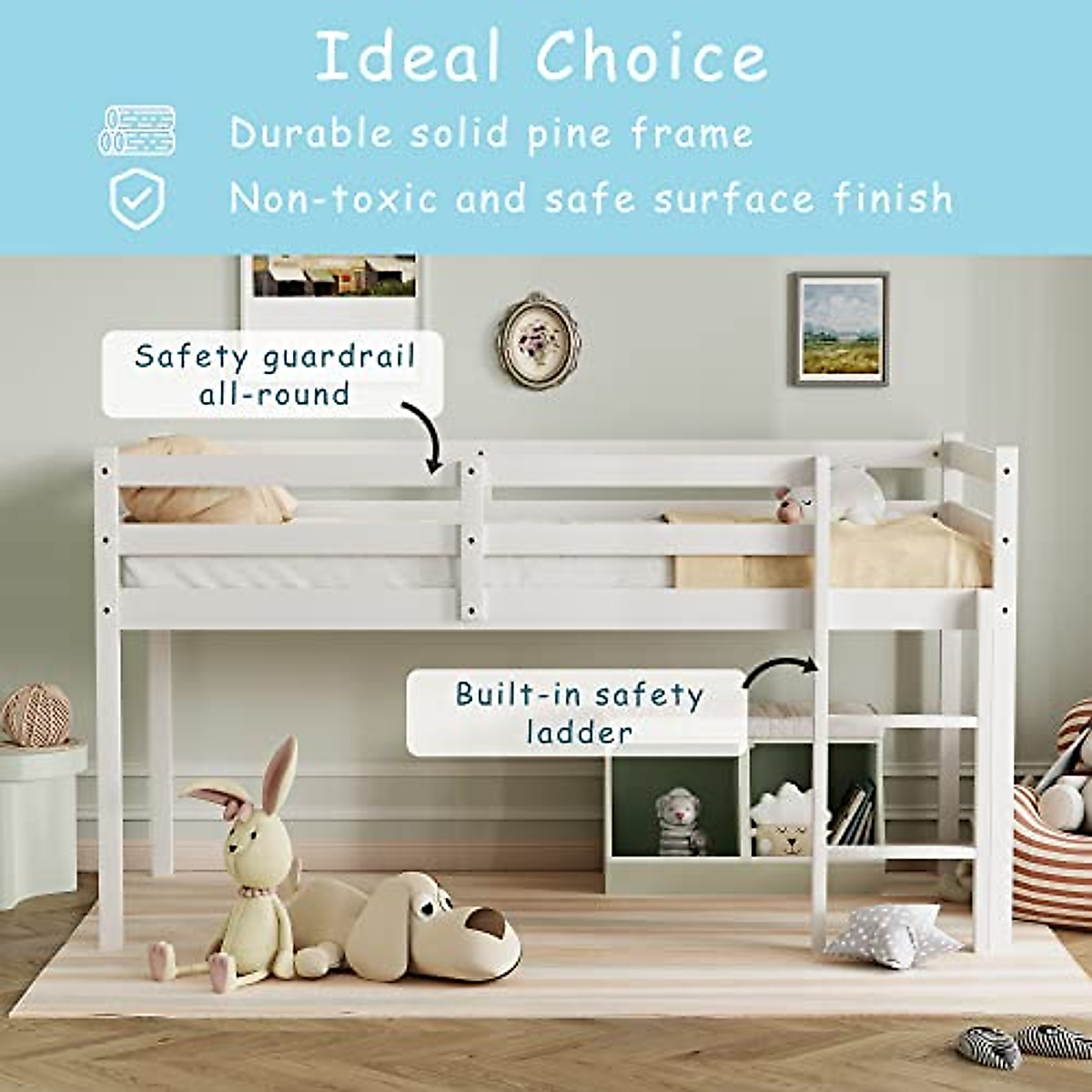 Tmosi Low Loft Bed Twin,Solid Wood Kids Twin Bed Frame with Ladders and Guard Rails,Space Saving Twin Size Loft Bed for Girl Boy,No Box Spring Needed,Easy to Assembly (Built-in Ladder-White)