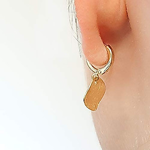 Textured Disk Charm 14K Gold Clasp Closure Dangle Earrings, Trendy Huggie Hoop With Charm Earrings, Hypoallergenic Nickel Free, Lightweight Huggies for Everyday Fashion Handmade Boho Jewelry For Women