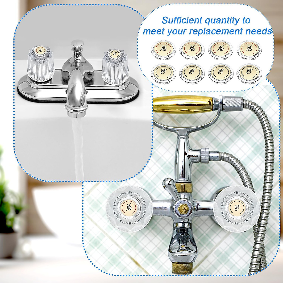 8pcs Faucet Index Buttons, 1.34 Inch Diameter Hot and Cold Bathroom Sink Shower Knobs Handle Sign Stickers Replacement Parts Caps Accessories Compatible with Delta/LDR/Delex Double Handle Faucet