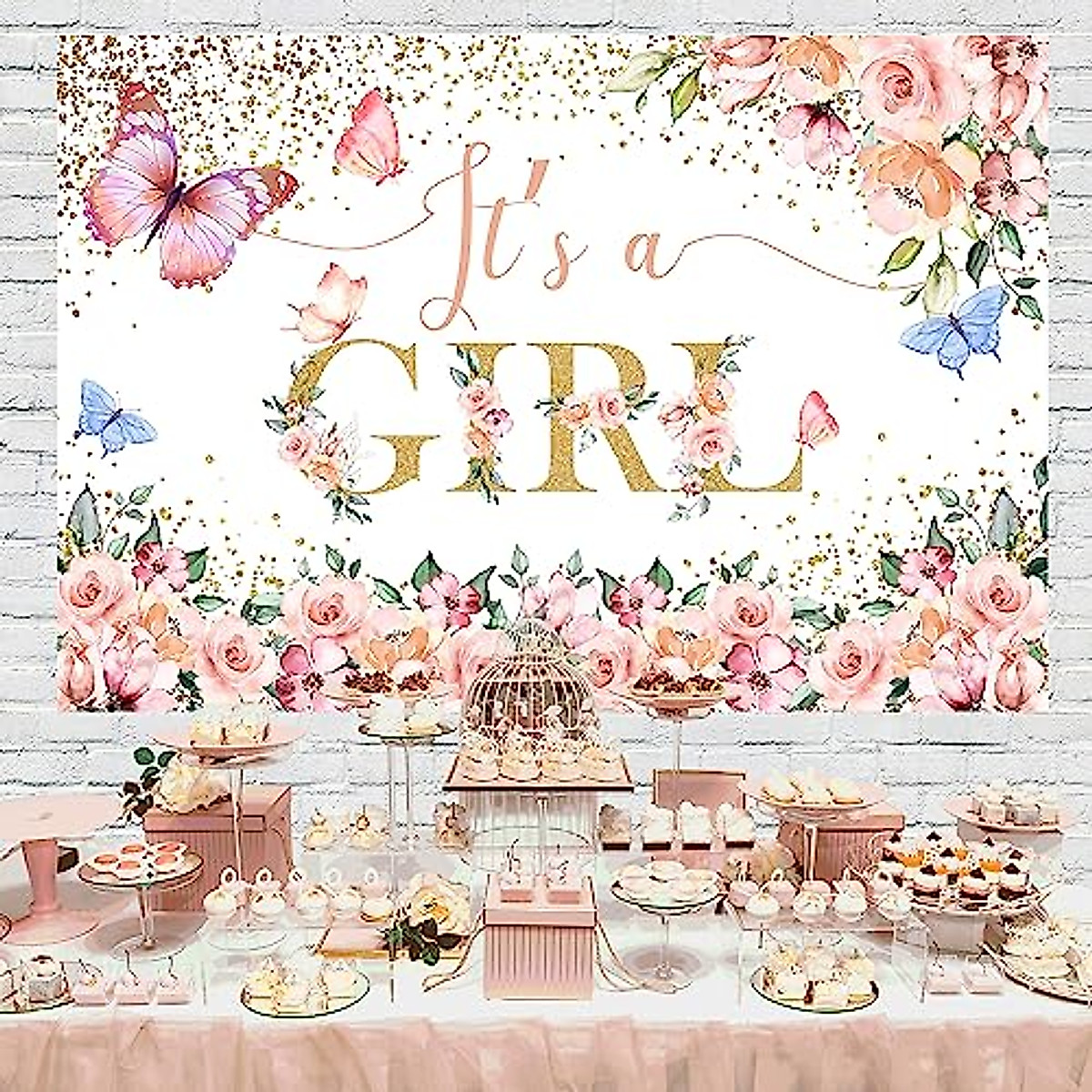 Withu It's a Girl Backdrop for Baby Shower Party Decorations Blush Pink Floral Rose Flowers Butterfly Glitter Gold Dots Photo Booth Banner Photoshoot Photography Background 7x5ft