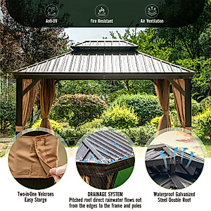 MFSTUDIO 10' x 12' Hardtop Gazebo with Curtains and Netting,Outdoor Polycarbonate Double Roof Canopy, Aluminum Frame Permanent Pavilion for Patios,Gardens,Lawns (Brown)